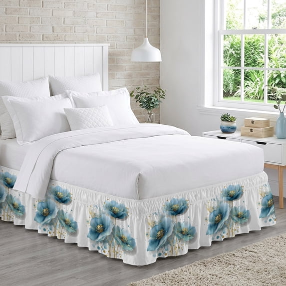 Blue Flower Bed Skirt Queen Size 16 Inch Drop, Watercolor Floral ...