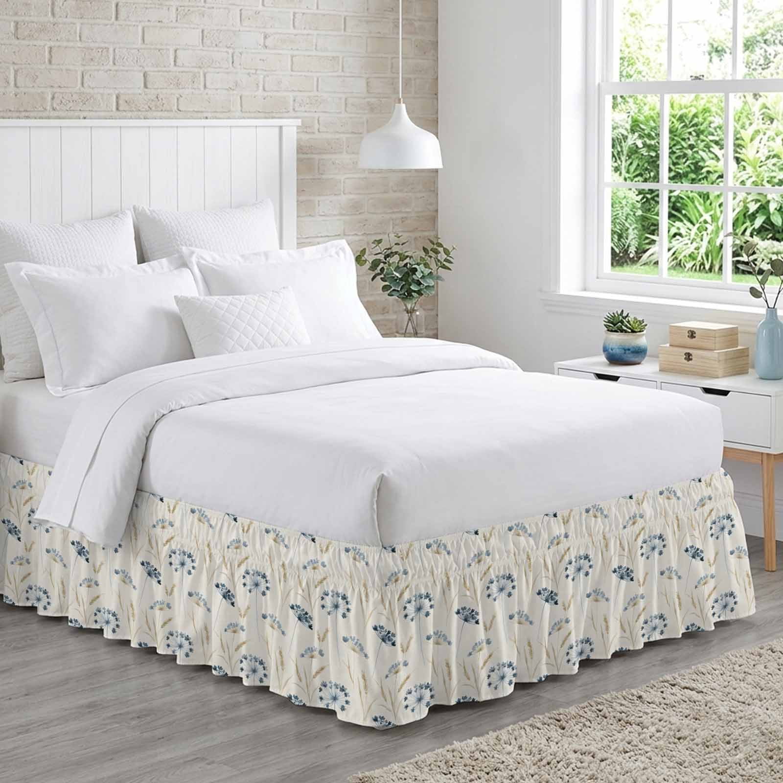 Blue Flower Bed Skirt Queen Size 18 Inch Drop, Gold Wheat Country ...