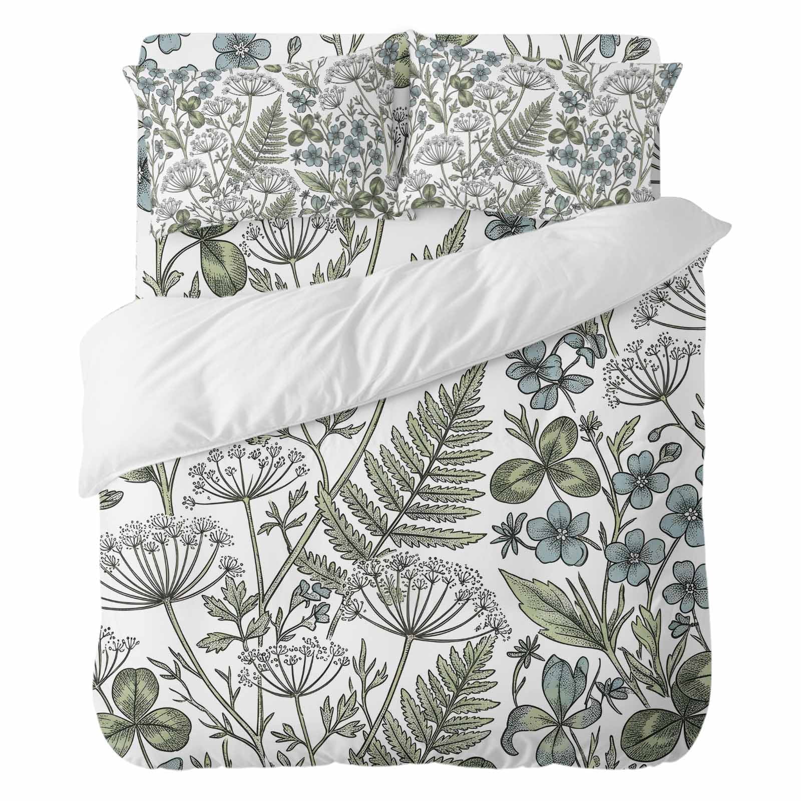 Blue Flower Bedding Duvet Cover Set Full Size 4 Pieces, Green Leaf ...