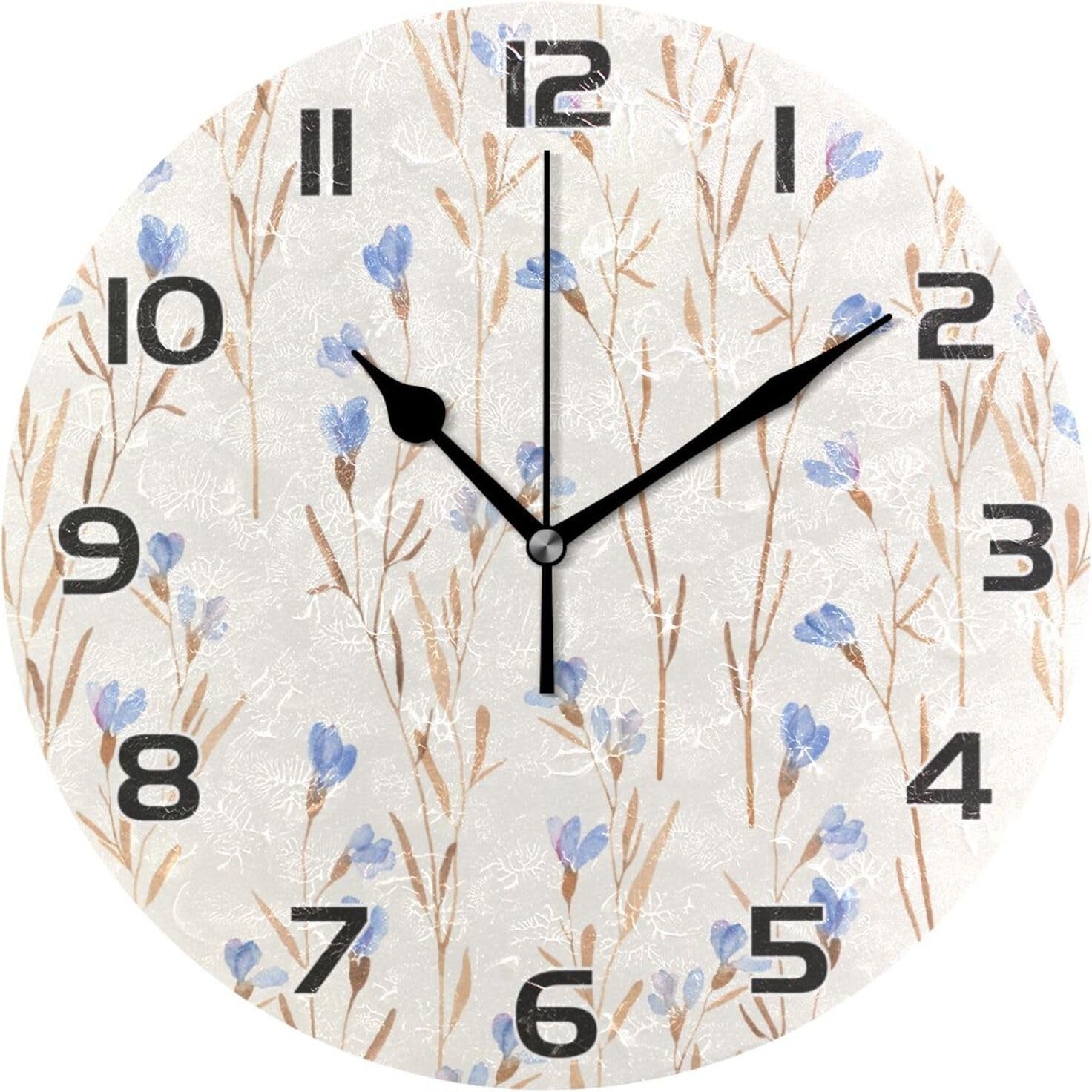 Blue Flower Beige Wall Clock Round Vintage Silent Non Ticking Battery ...