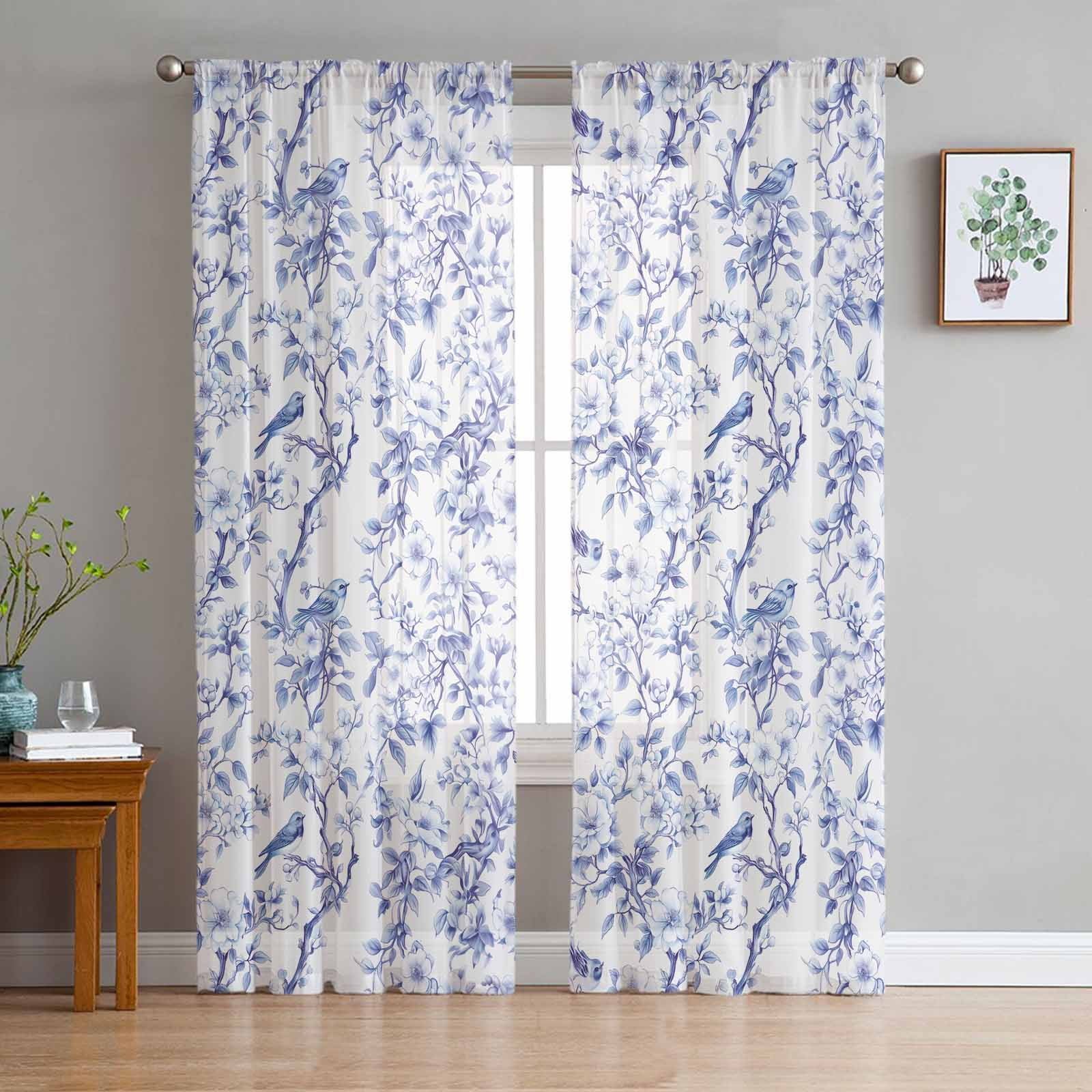 Blue Flower Bird Sheer Curtains 72 Inches Long 2 Panels Set, Window ...