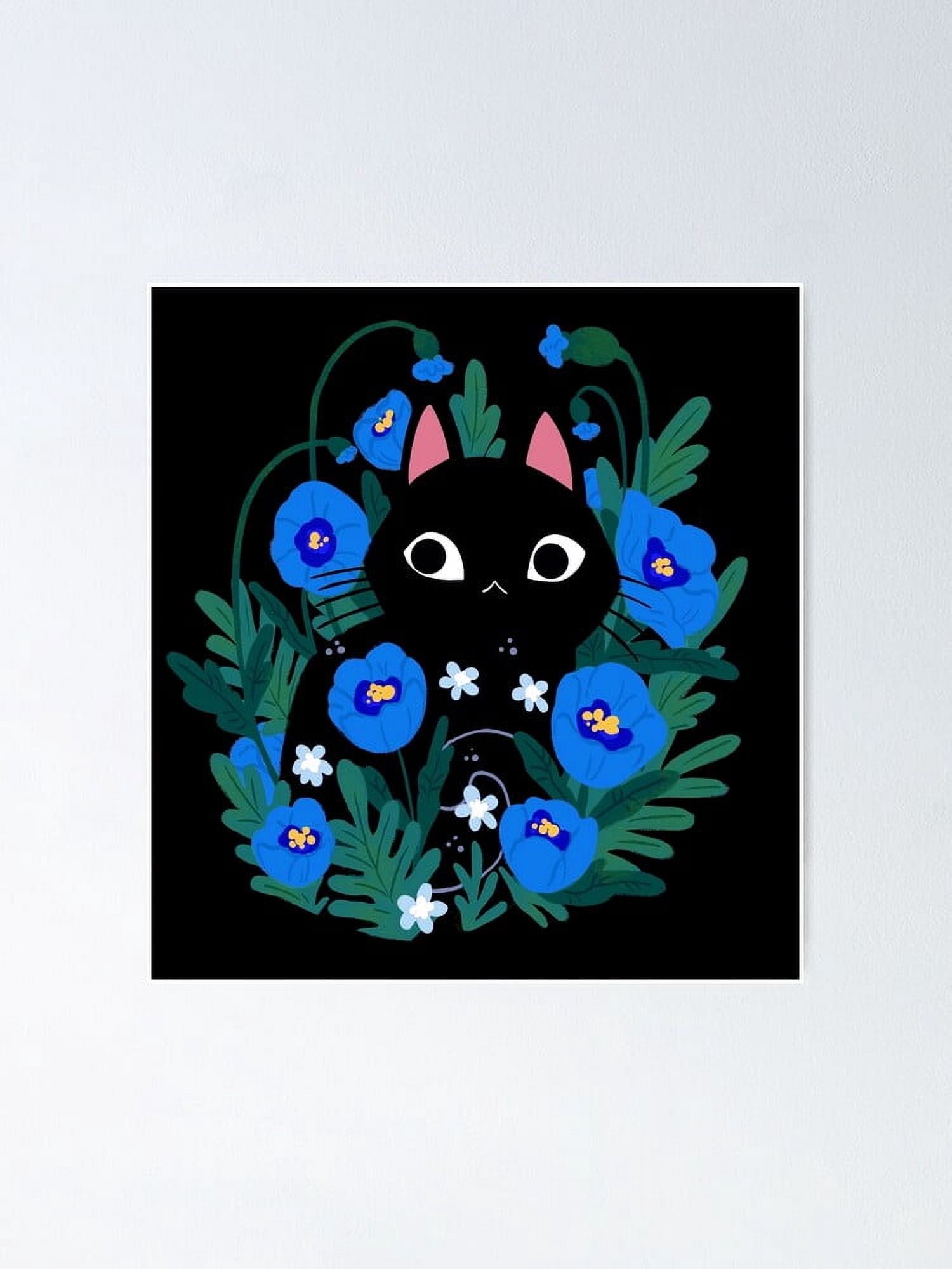 Blue Flower Black Cat Modern Art Decor Unframe - Walmart.com