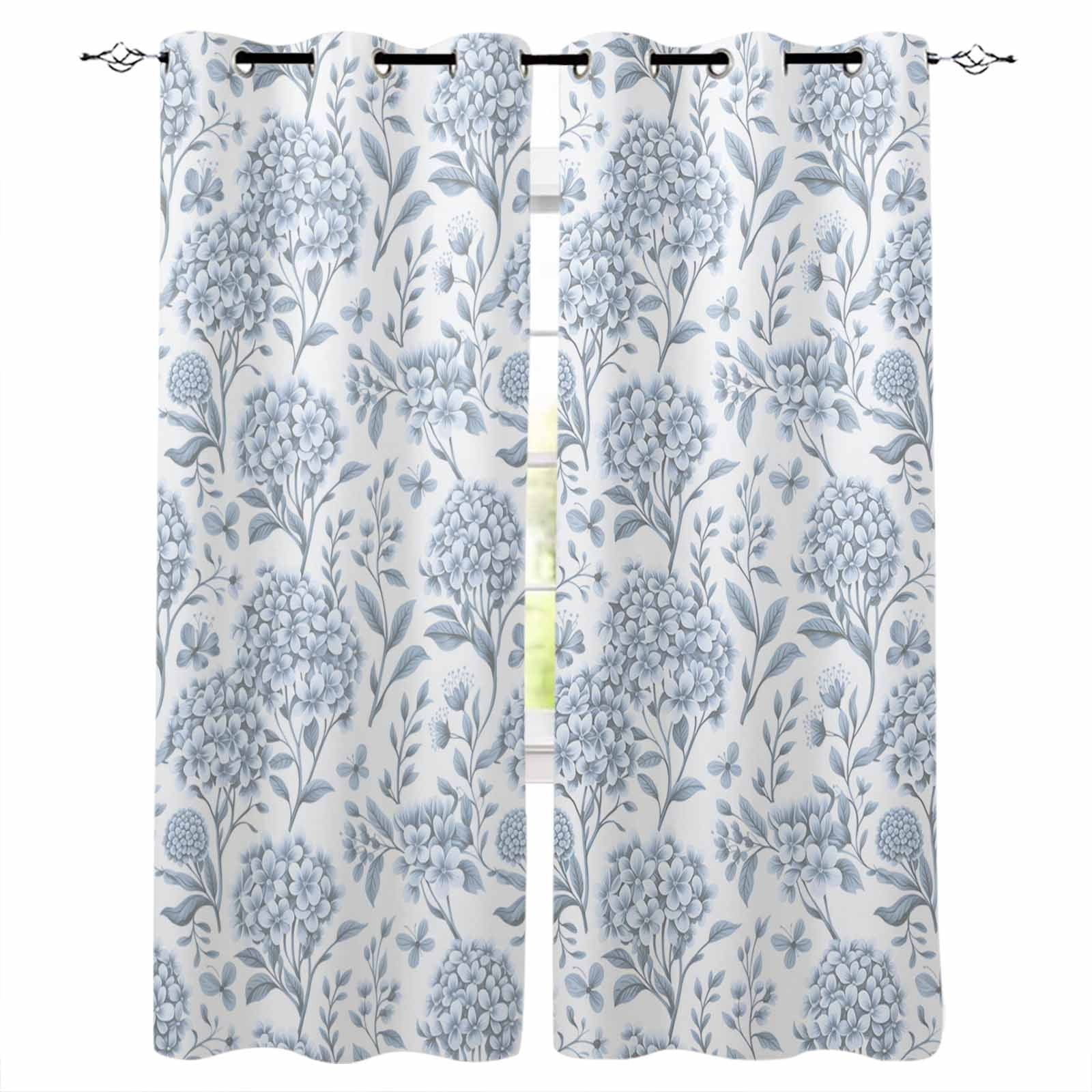 Blue Flower Blackout Curtains 39 Inches Long,Thermal Insualted Grommet ...