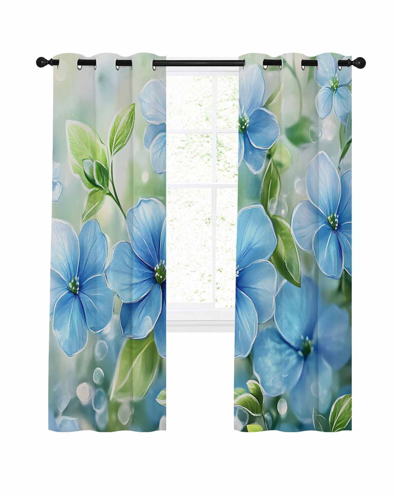 Blue Flower Blackout Curtains 63 Inch Length Spring Green Leaf ...