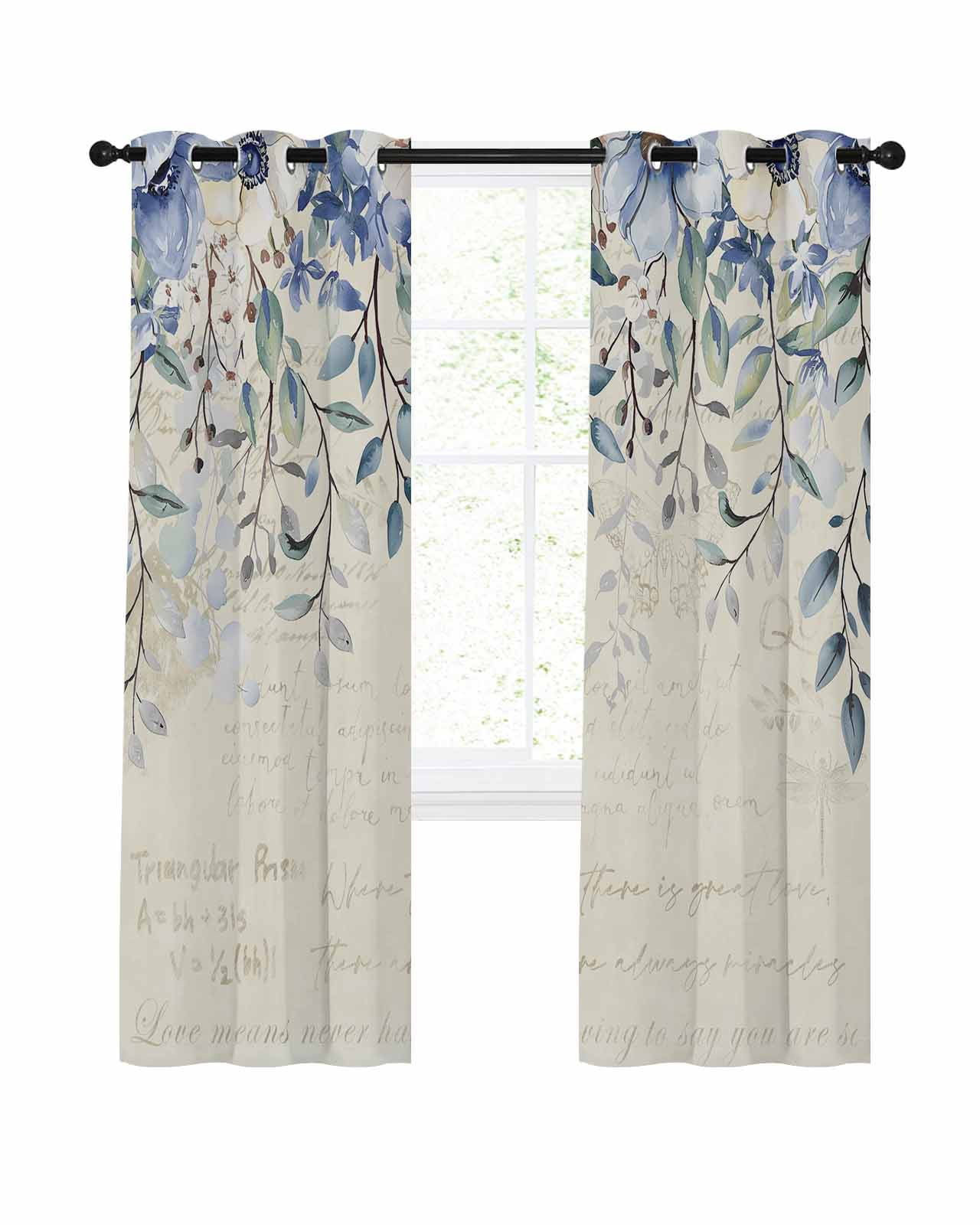 Blue Flower Blackout Curtains 63 Inches Long for Bedroom, Farmhouse ...
