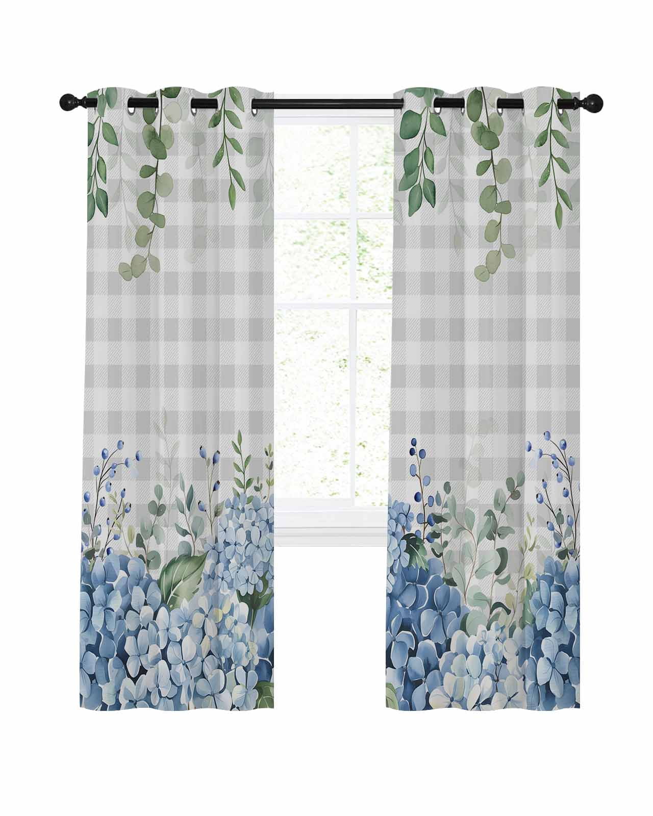 Blue Flower Blackout Curtains 63 Inches Long for Bedroom, Grey Plaid ...