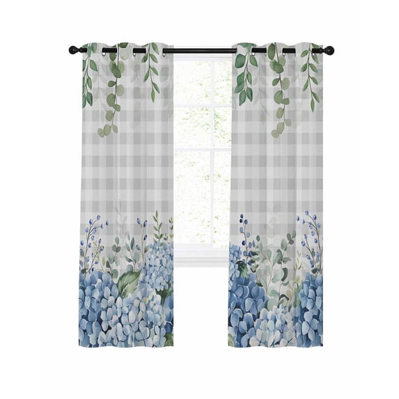 Blue Flower Blackout Curtains 63 Inches Long for Bedroom, Grey Plaid ...