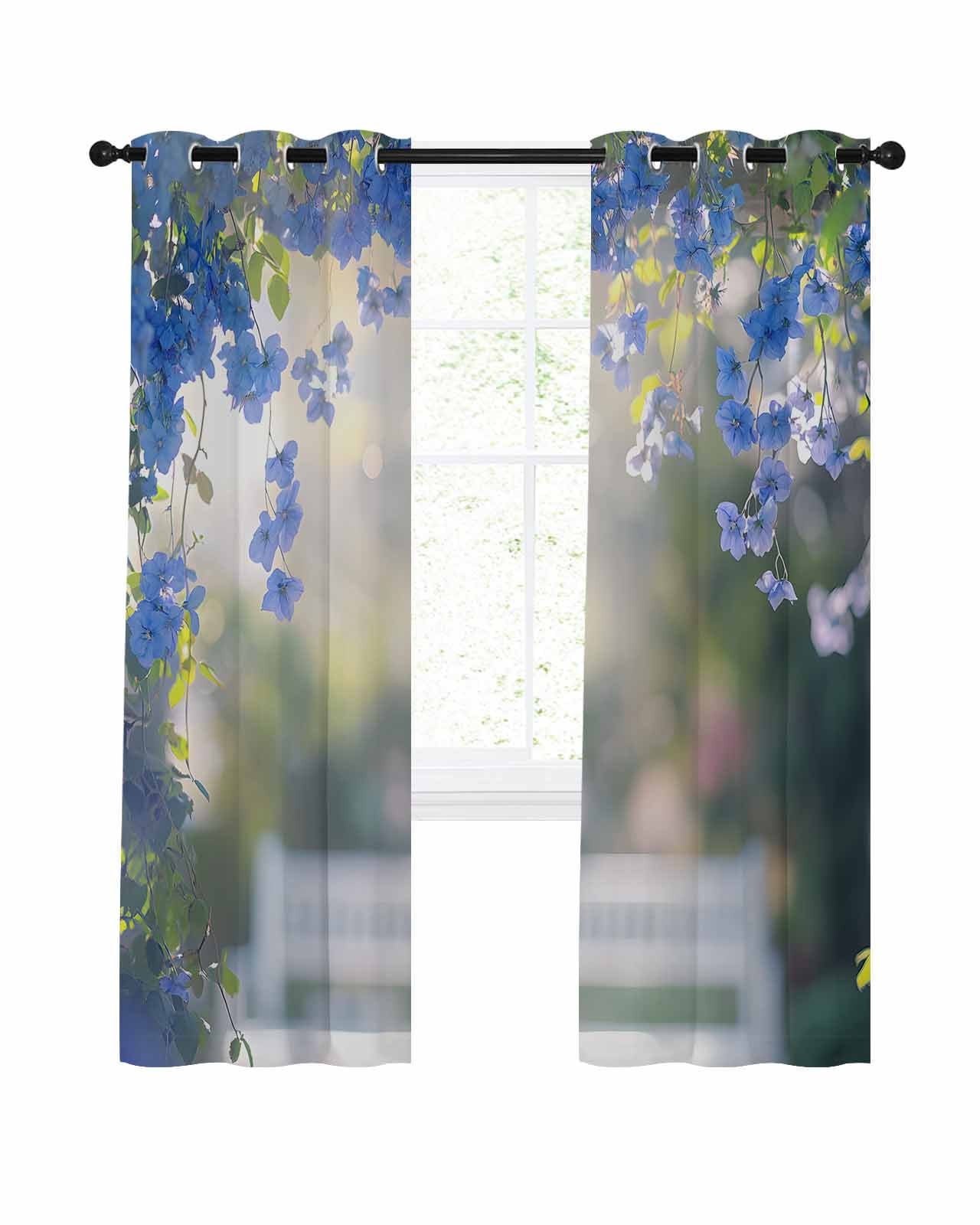 Blue Flower Blackout Curtains 84 Inch Length Spring Floral Leaf ...