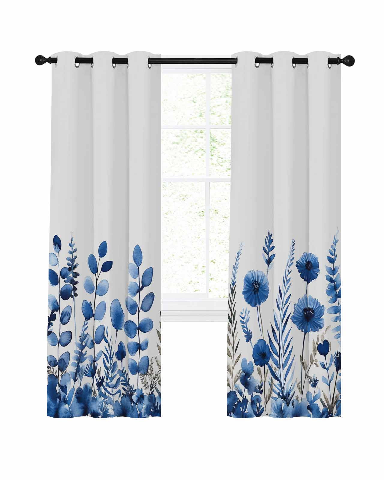 Blue Flower Blackout Curtains 84 Inch Length Spring Vintage Watercolor ...