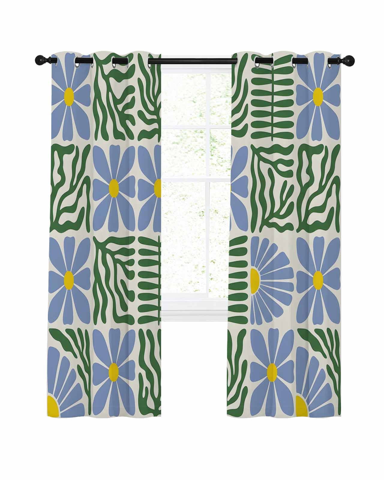 Blue Flower Blackout Curtains for Bedroom Living Room, Green Curve ...