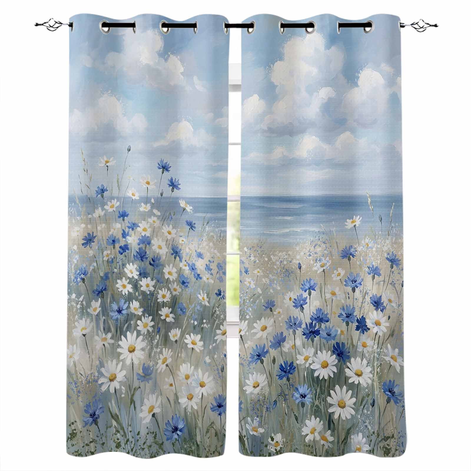 Blue Flower Blackout Curtains for Bedroom/Living Room, Thermal ...