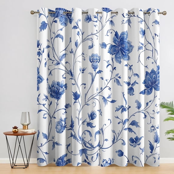 Blue Flower Blackout Curtains, Boho Chic Floral Curtains for Bedroom ...