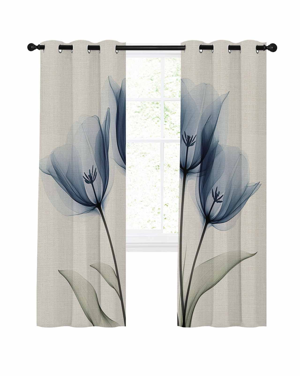 Blue Flower Blackout Curtains for Living Bedroom, Spring Vintage ...