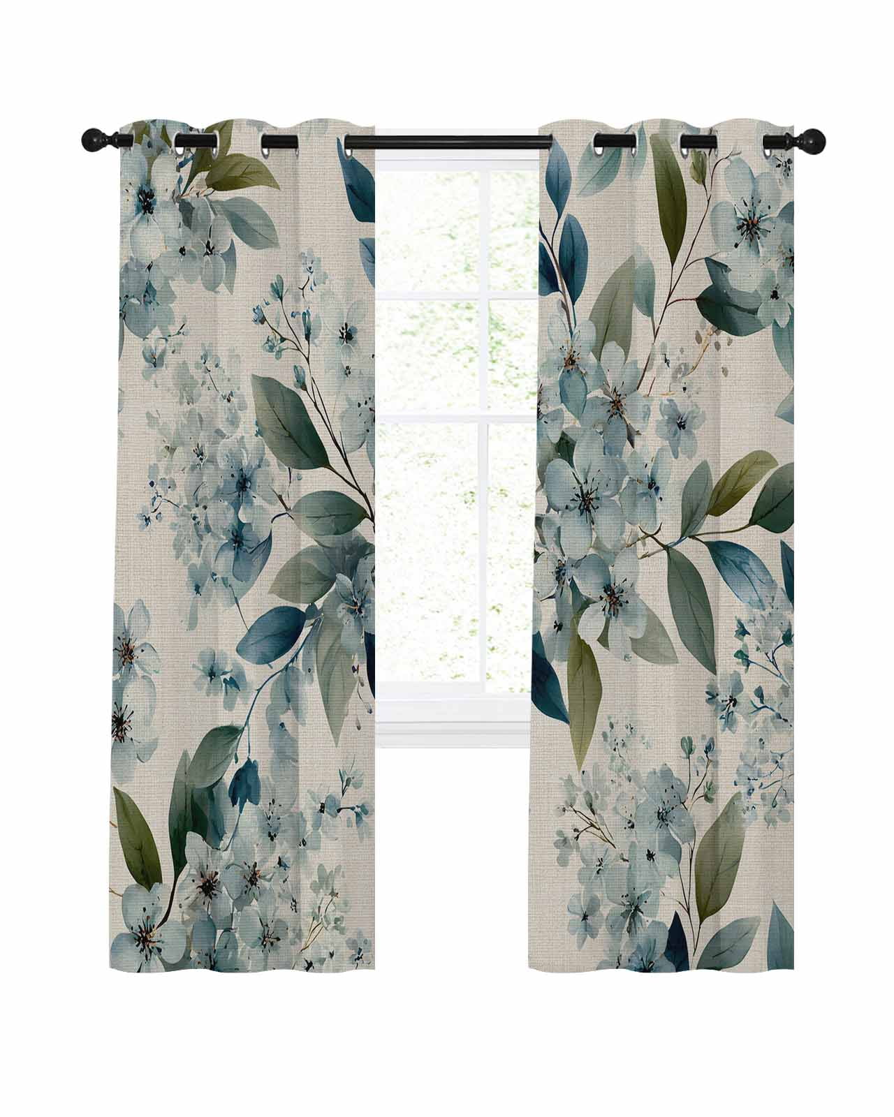 Blue Flower Blackout Curtains for Living Bedroom, Watercolor Spring ...