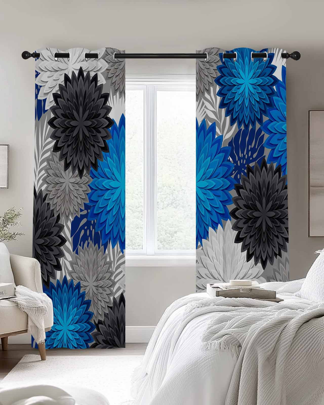 Blue Flower Bloom Blackout Curtains 2 Panels Modern Abstract Minimalist ...