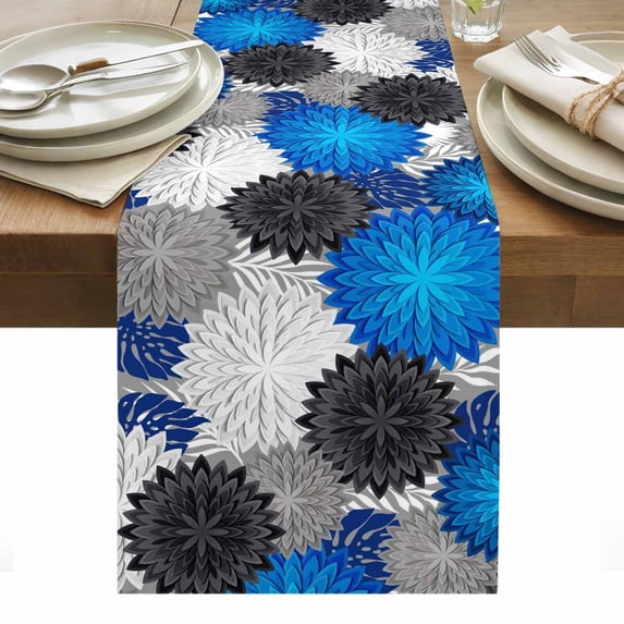 Blue Flower Bloom Cotton Linen Table Runner Modern Abstract Minimalist ...