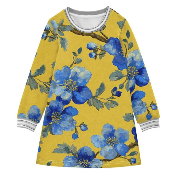 Blue Flower Blossom Long-sleeved Dress A-line One-Piece Dress for 2-8 ...
