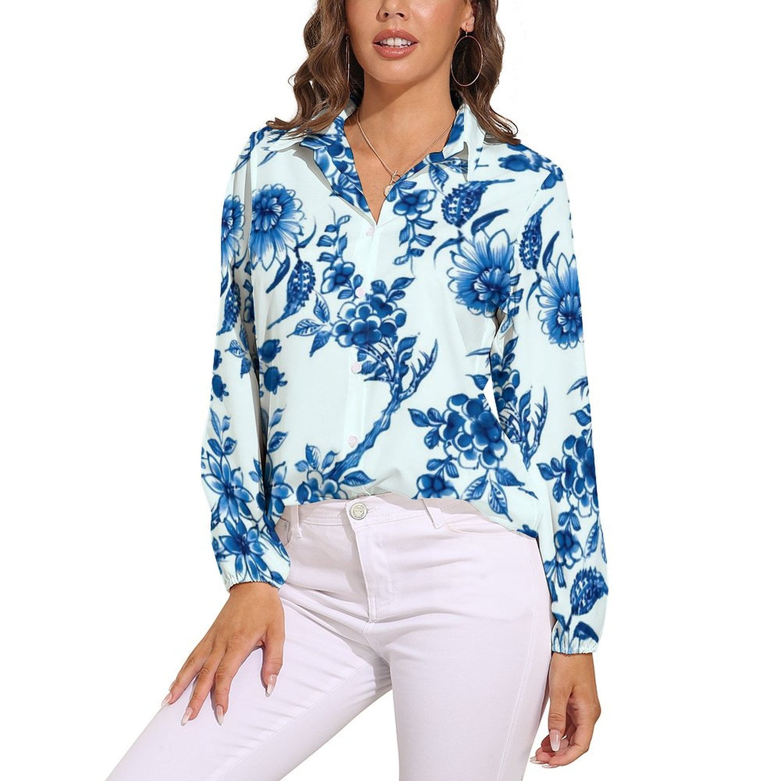 Blue Flower Blouse Orange Floral Print Retro Printed Blouses Women ...