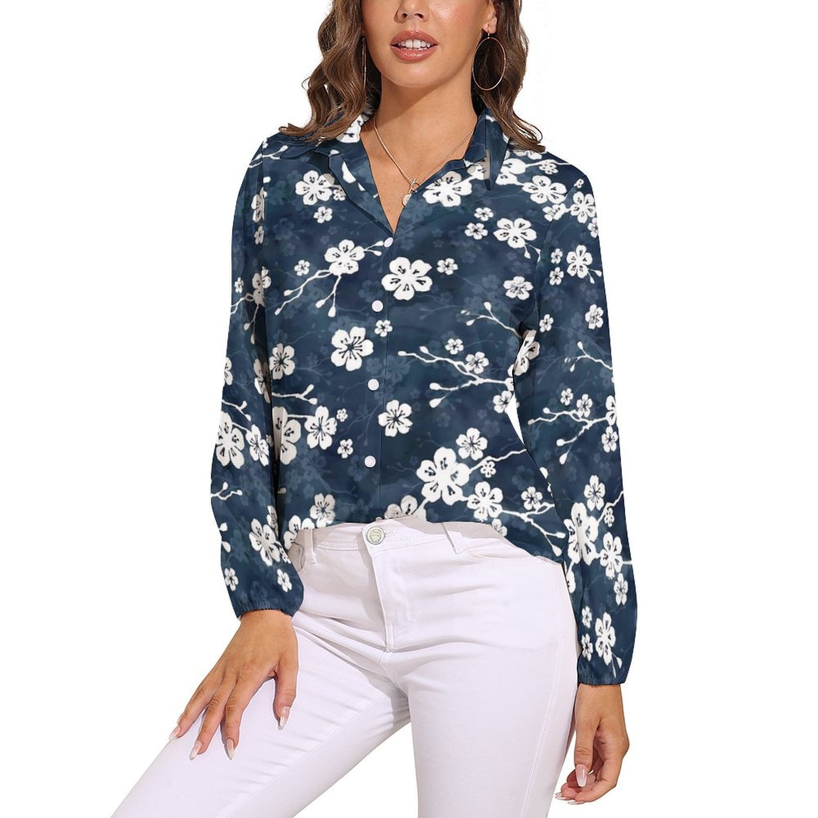 Blue Flower Blouse Orange Floral Print Retro Printed Blouses Women ...