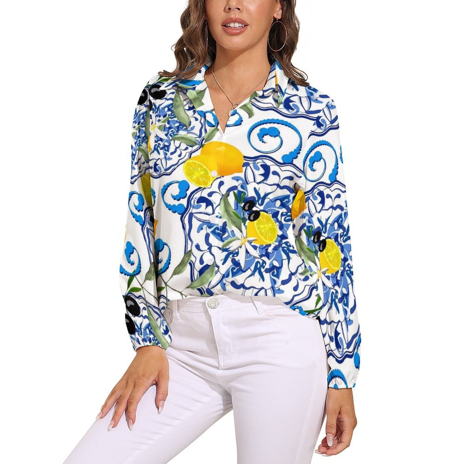 Blue Flower Blouse Orange Floral Print Retro Printed Blouses Women ...