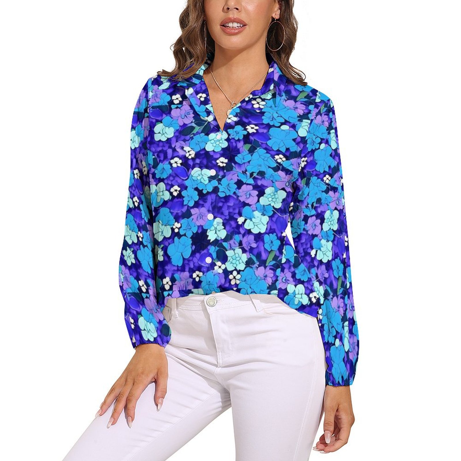 Blue Flower Blouse Orange Floral Print Retro Printed Blouses Women ...