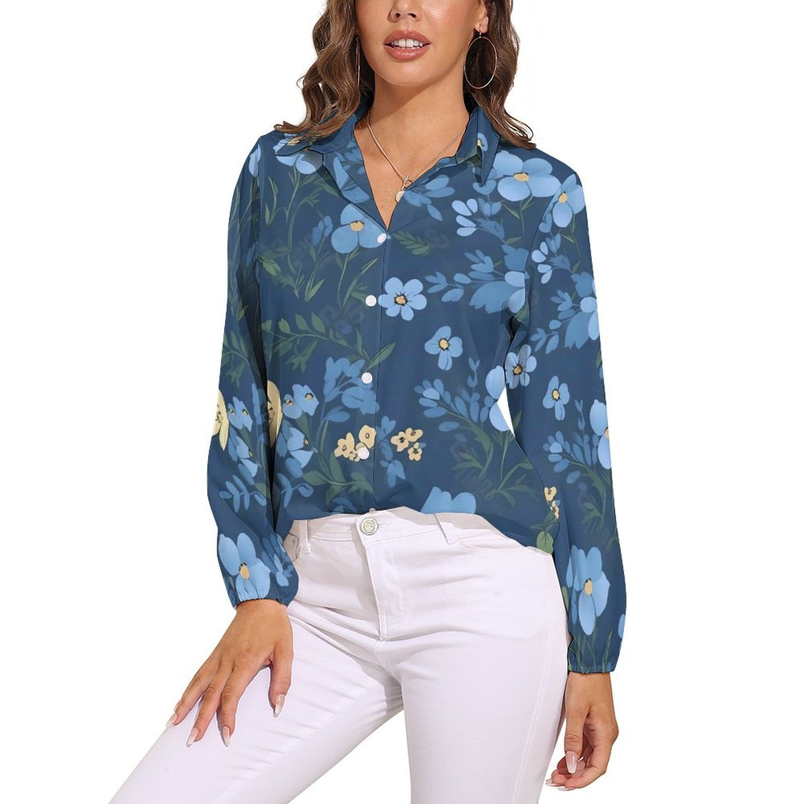 Blue Flower Blouse Orange Floral Print Retro Printed Blouses Women ...