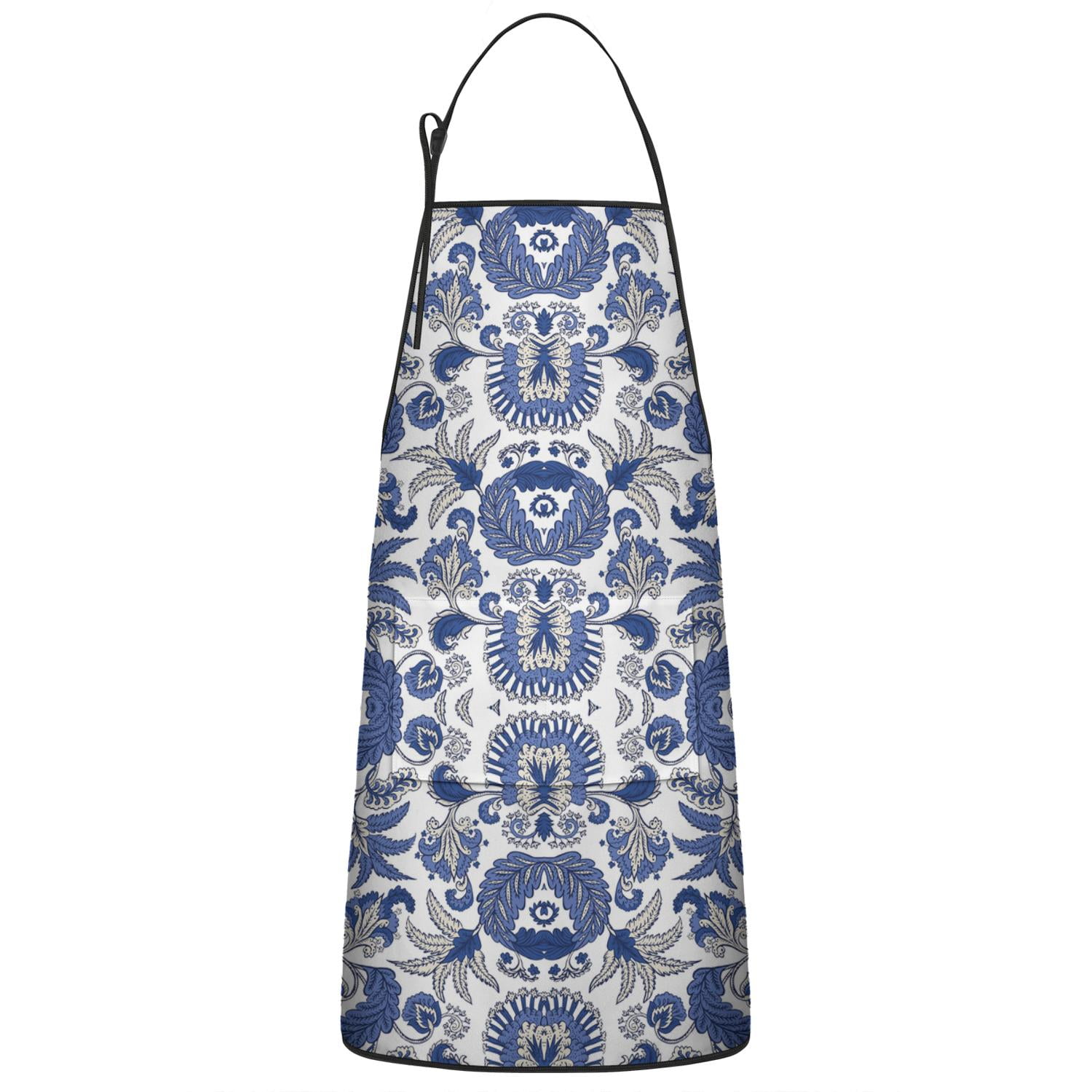 Blue Flower Boho Apron with Pocket Chemical Work Apron Waterproof Bib ...