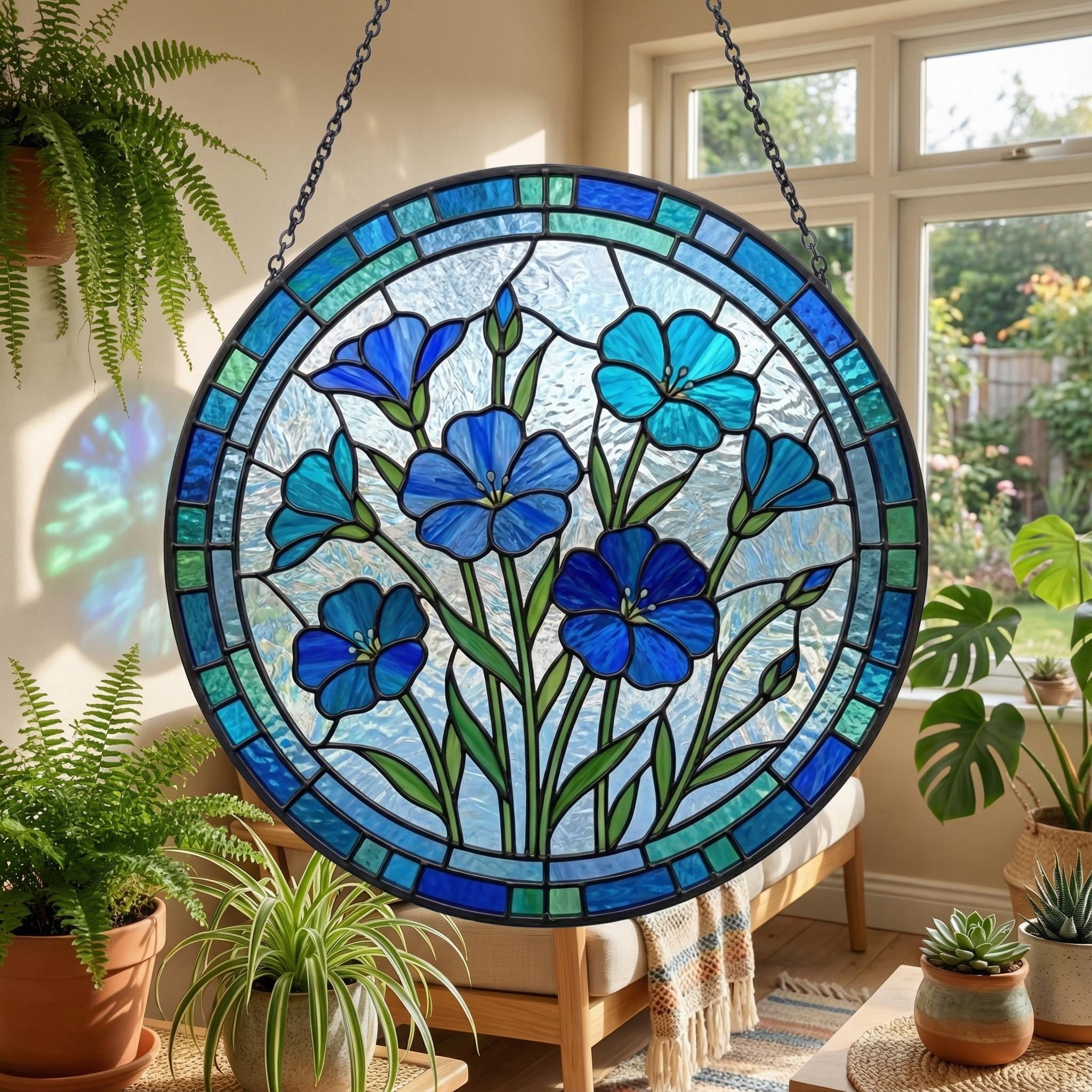Blue Flower Botanical Stained Glass Suncatcher Garden Window Decor Gift ...
