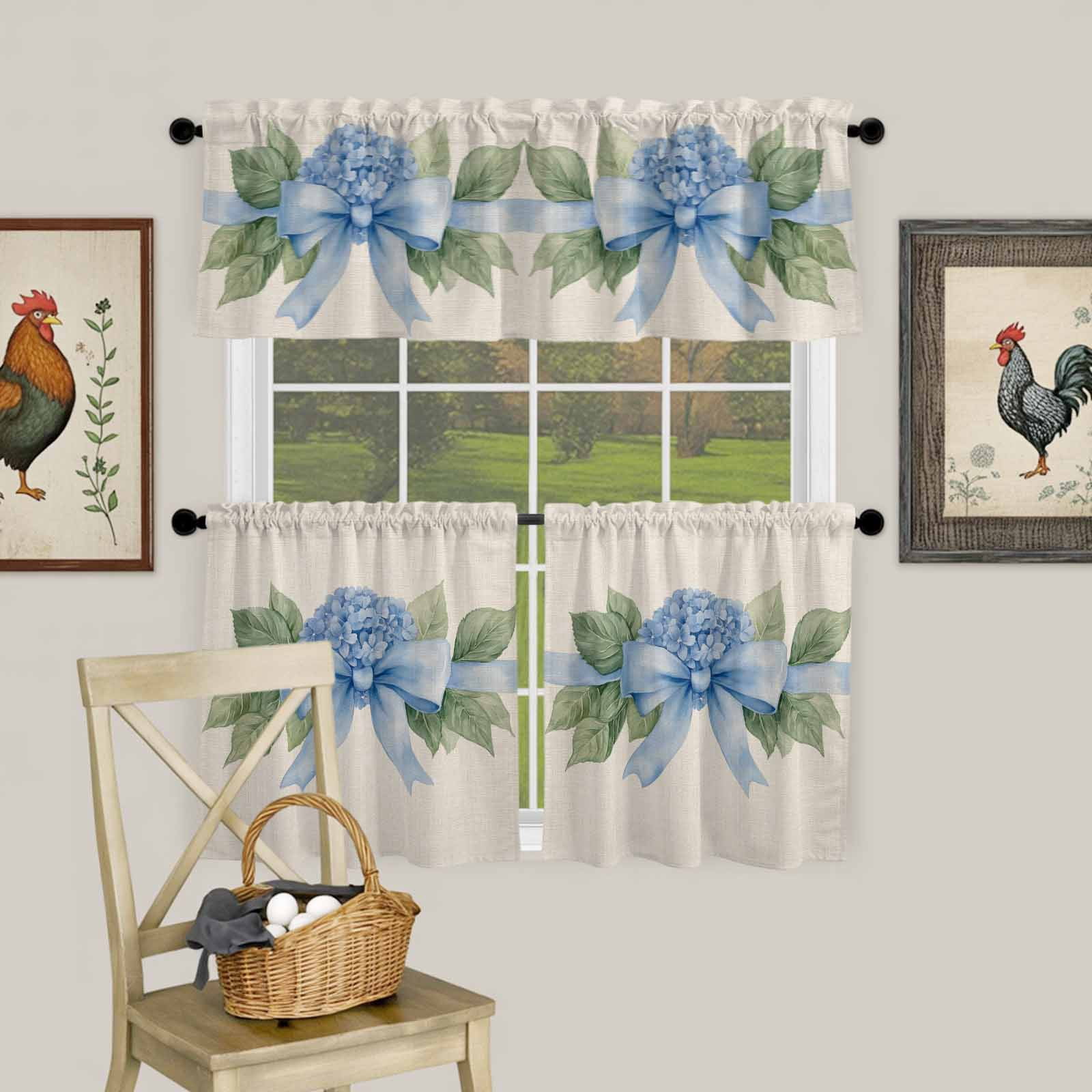 Blue Flower Bow on Beige Linen Curtain Tier and Valance Set 3 Piece ...