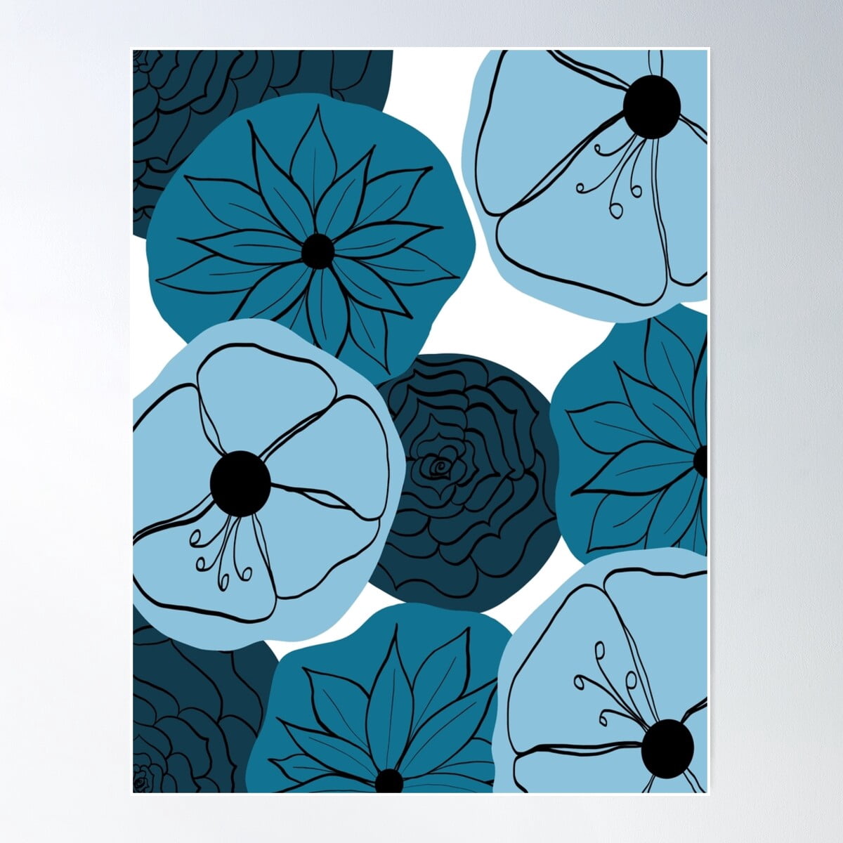 Blue Flower Bubbles Poster Wall Art, Modern Wall Decor For Living Room ...