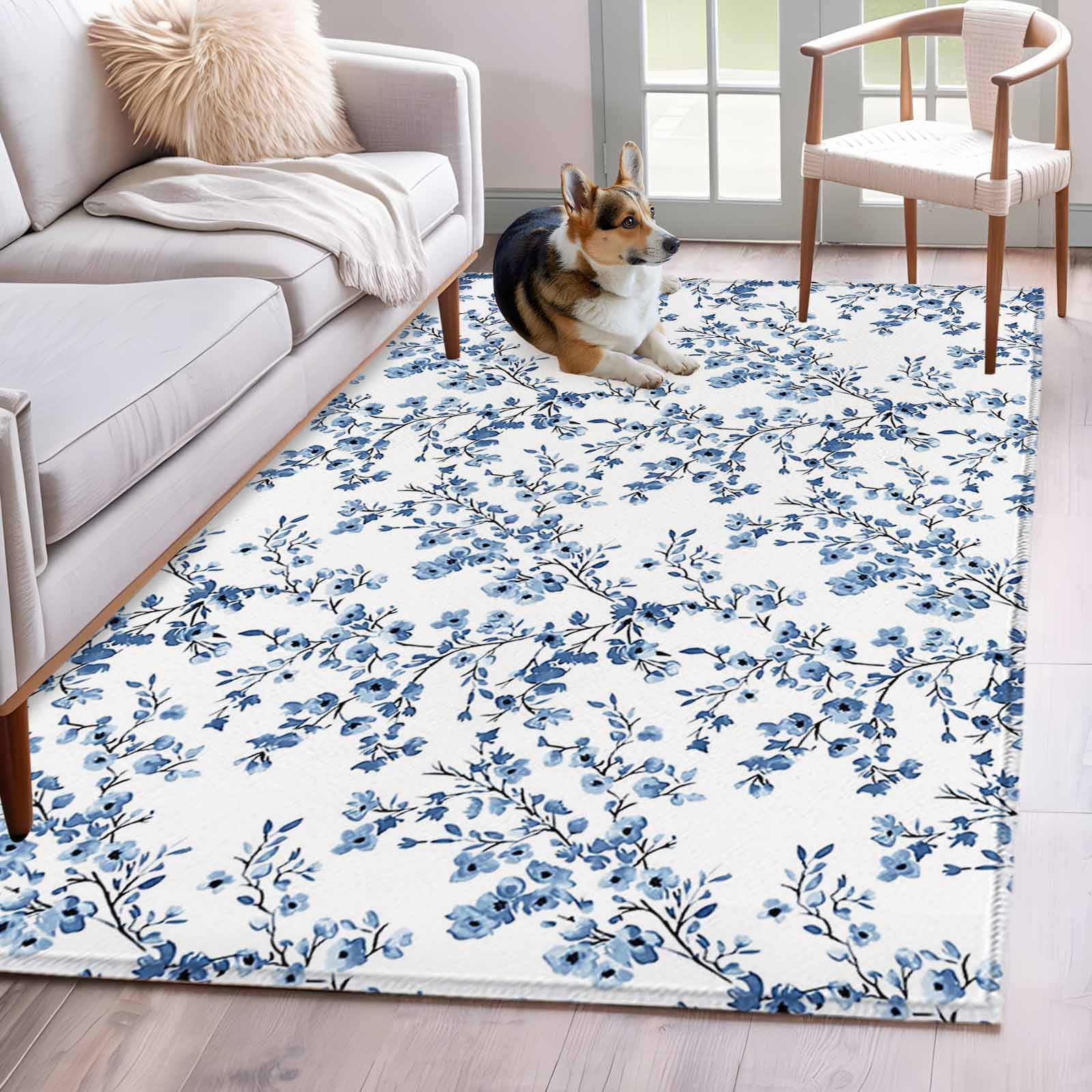 Blue Flower Bud Area Rugs 4x6 ft Country Watercolor Blue Floral Tree ...