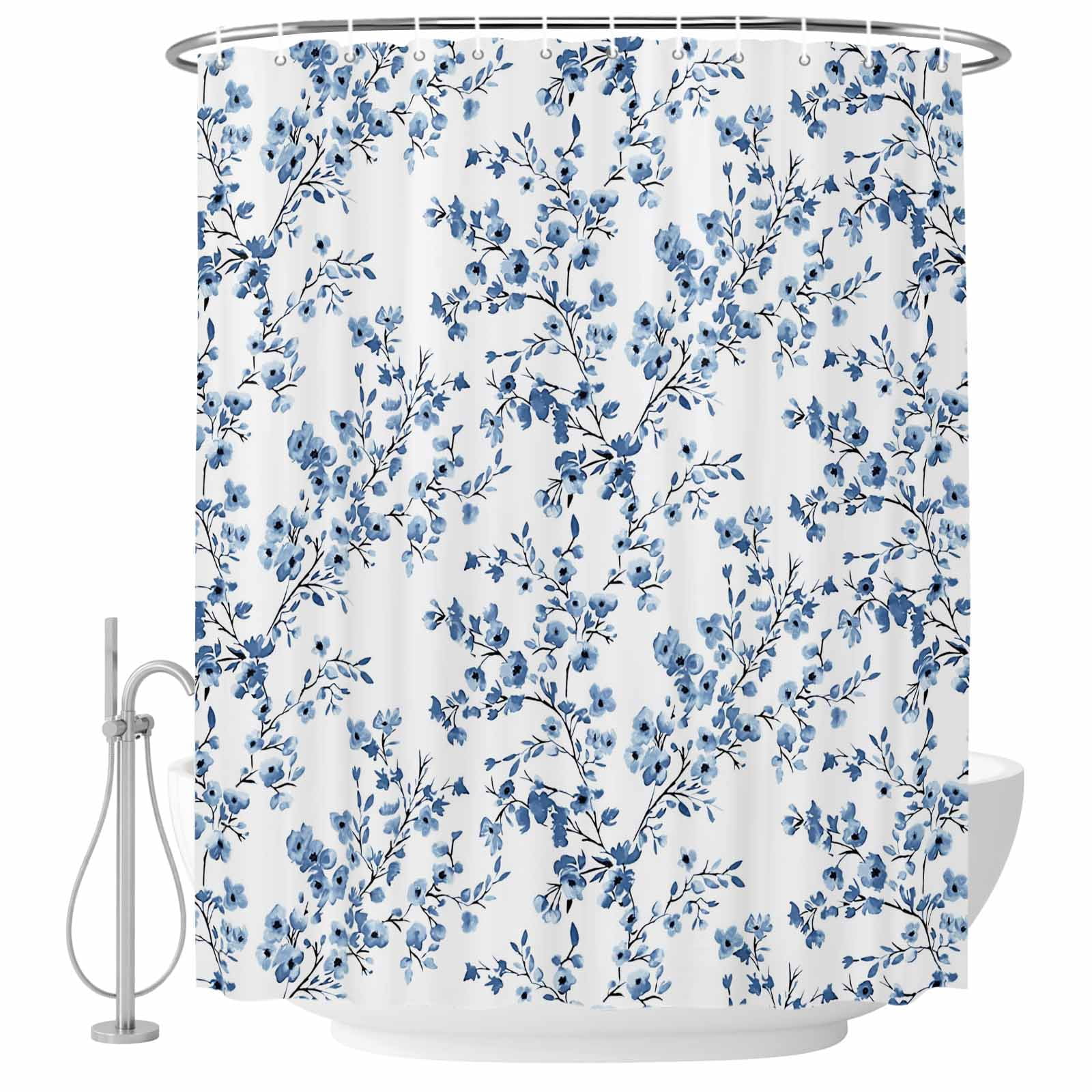 Blue Flower Bud Bathroom Shower Curtains with Hooks, Country Watercolor ...