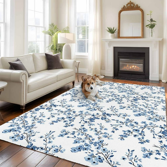Blue Flower Bud Large Area Rugs 8x10 ft Country Watercolor Blue Floral ...