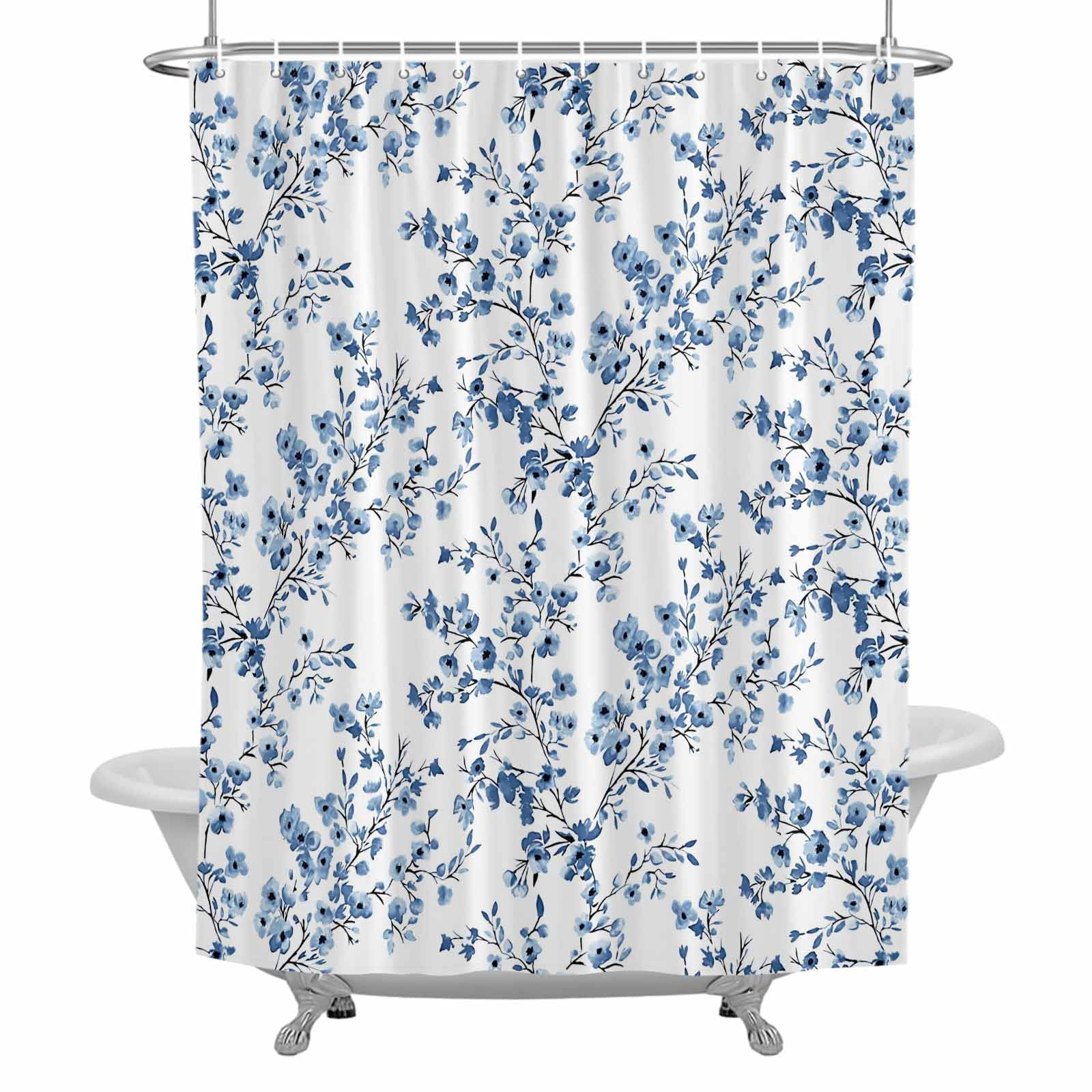 Blue Flower Bud Shower Curtain for Bathroom, Country Watercolor Blue ...