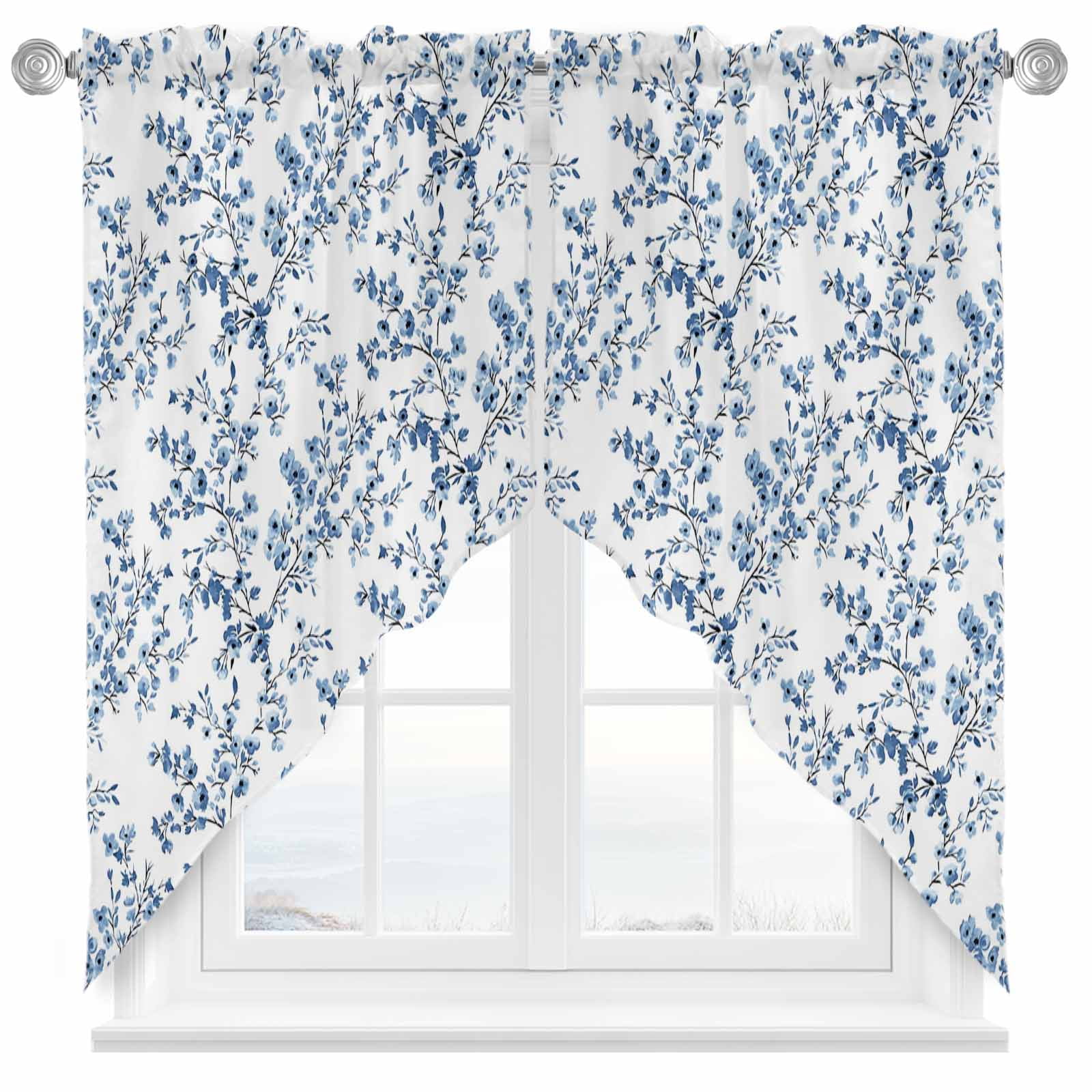 Blue Flower Bud Swag Kitchen Curtain Valances, Country Watercolor Blue ...