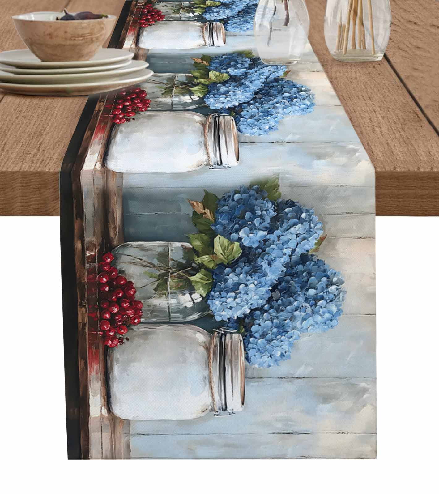 Blue Flower Burlap Cotton Table Runner 13x108 Inches Long, Modern ...