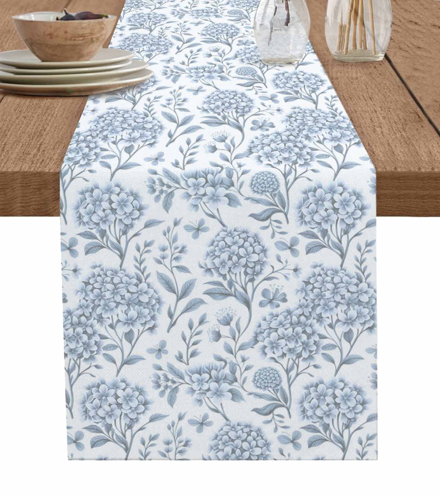 Blue Flower Burlap Cotton Table Runner 13x120 Inches Long, Botanical ...