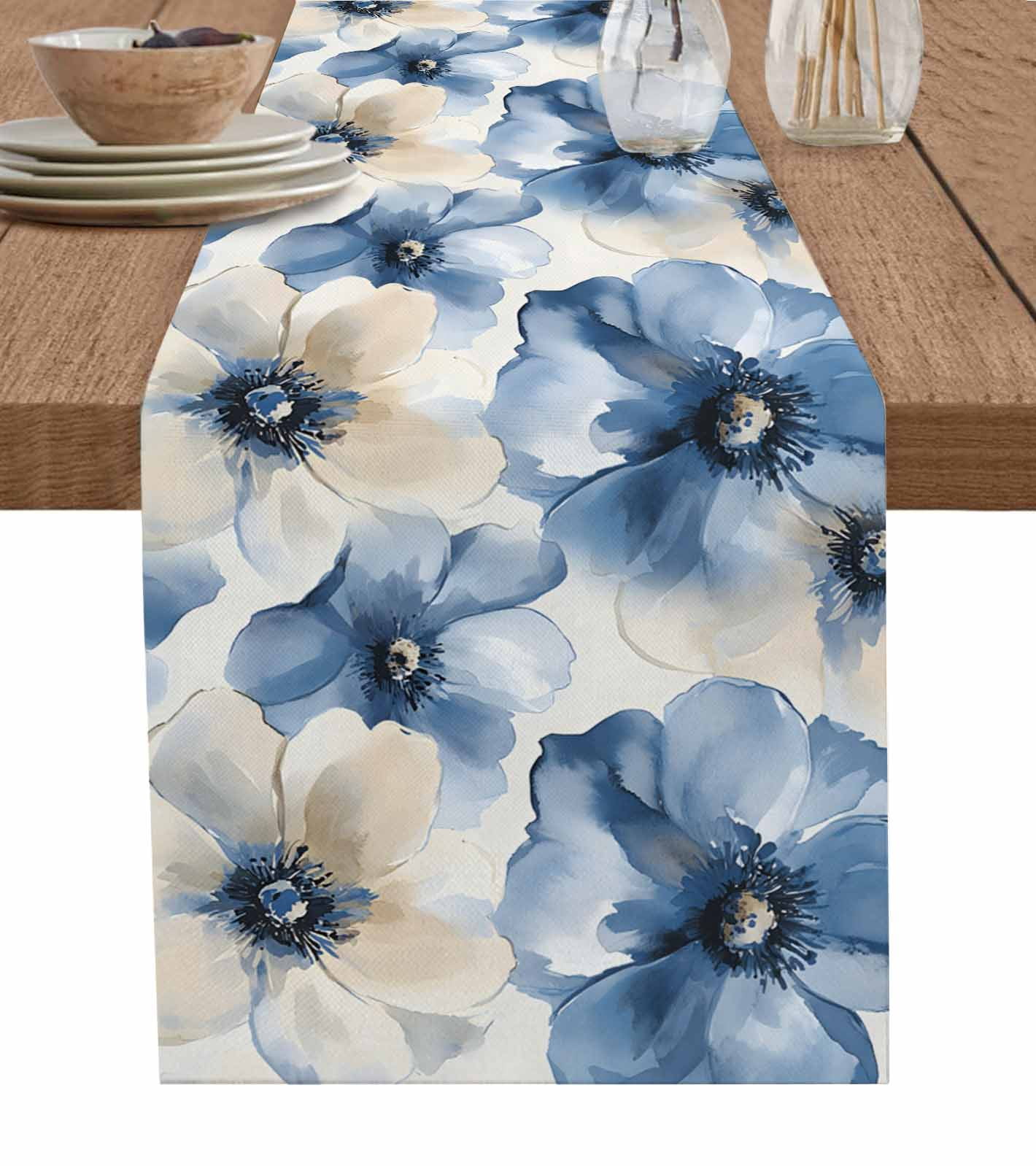 Blue Flower Burlap Cotton Table Runner 13x120 Inches Long, Watercolor ...