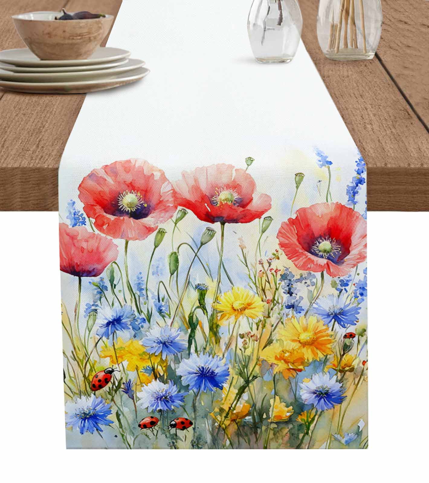 Blue Flower Burlap Cotton Table Runner 13x36 Inches Short, Patriotic ...