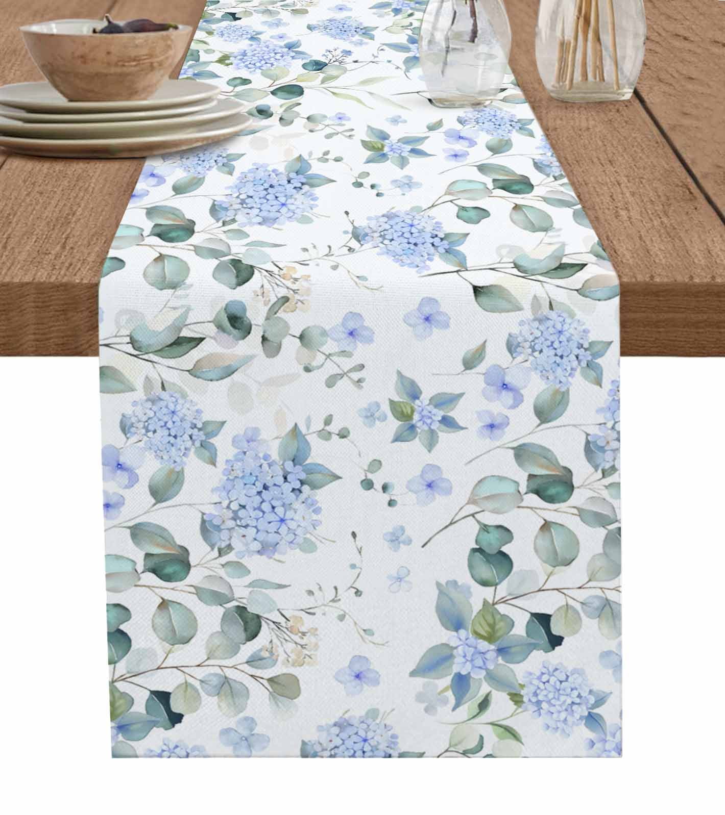 Blue Flower Burlap Cotton Table Runner 13x48 Inches Long, Sage Green ...