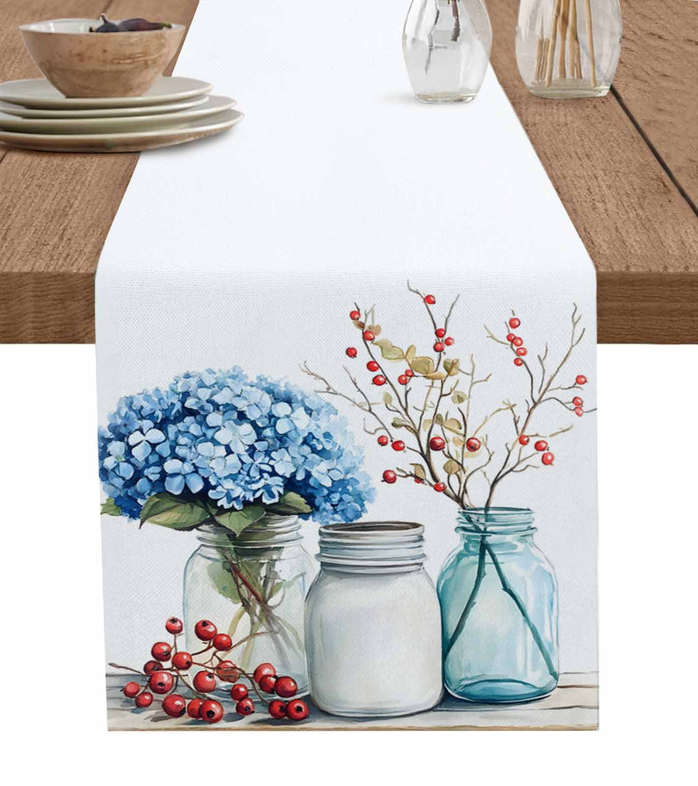 Blue Flower Burlap Cotton Table Runner 13x60 Inches Long, Bottle ...