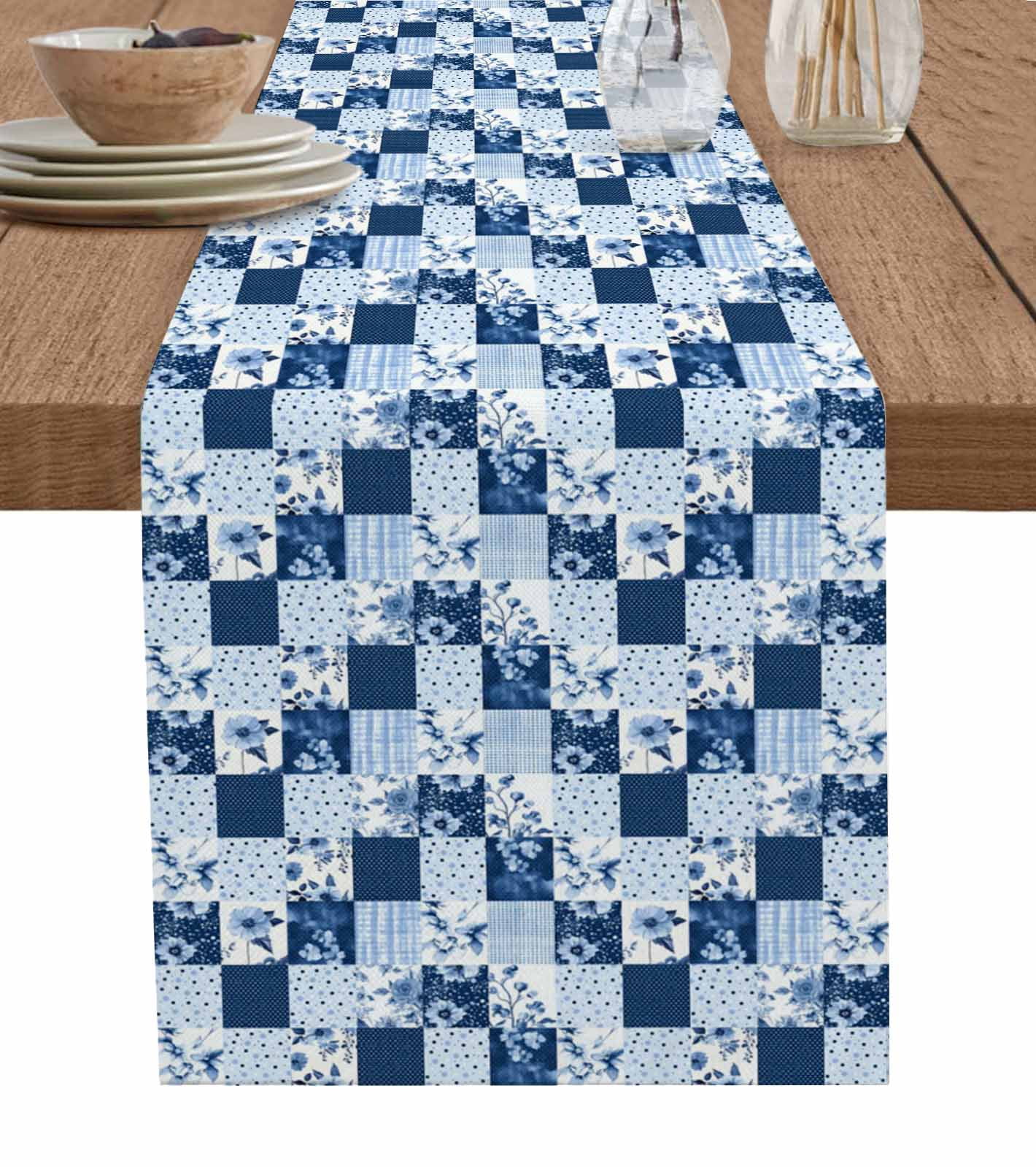 Blue Flower Burlap Cotton Table Runner 13x70 Inches Long, Summer ...