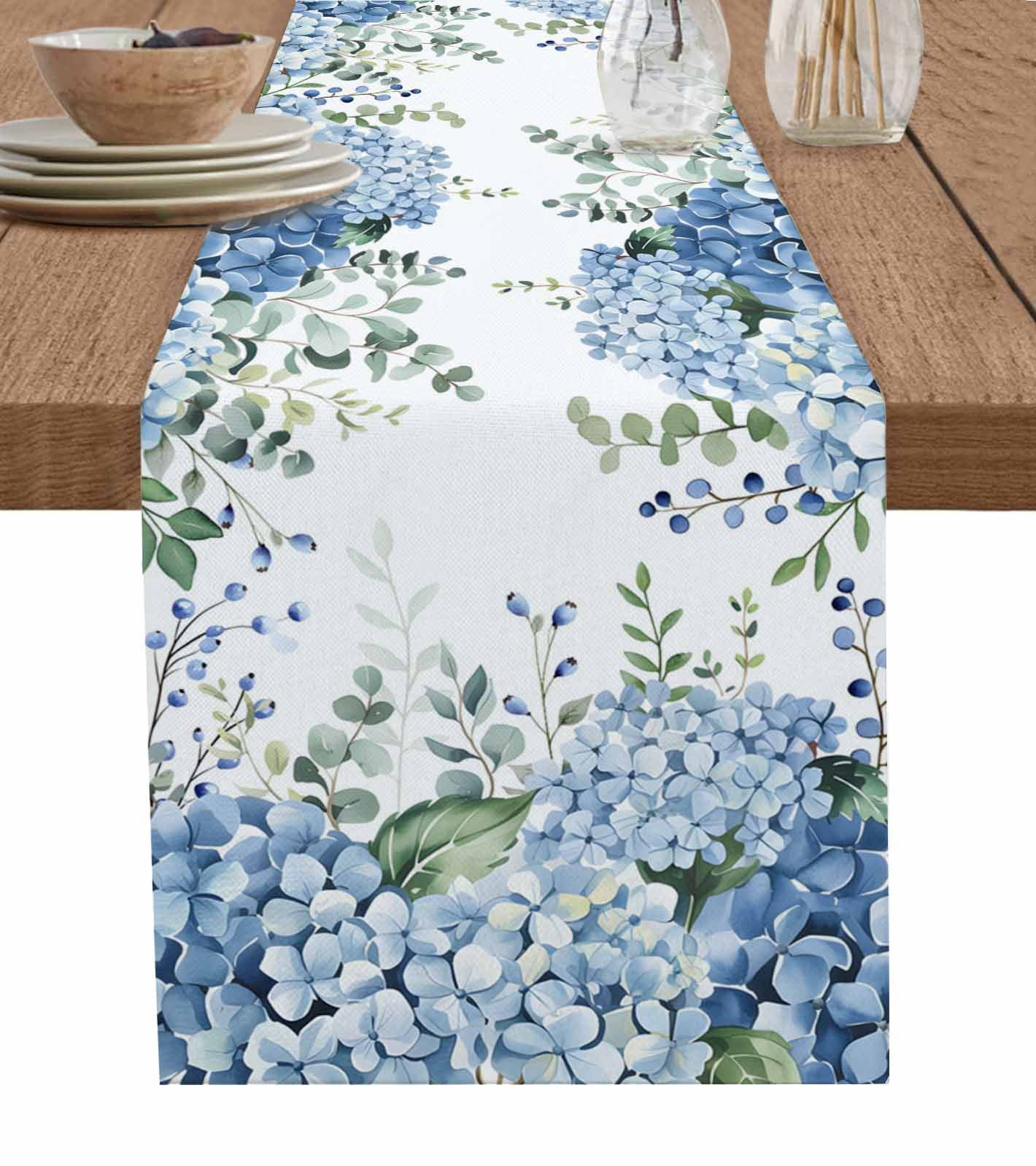 Blue Flower Burlap Cotton Table Runner 16x72 Inches Long, Sage Green ...