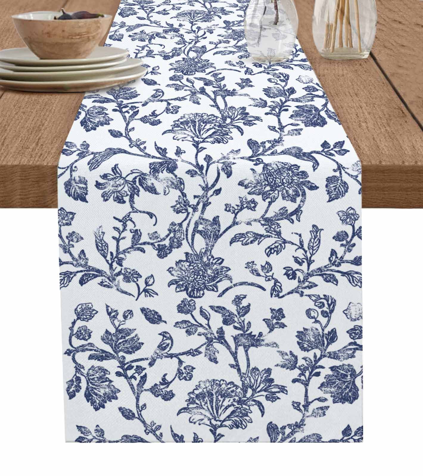 Blue Flower Burlap Cotton Table Runner 16x72 Inches Long, Spring Leaf ...