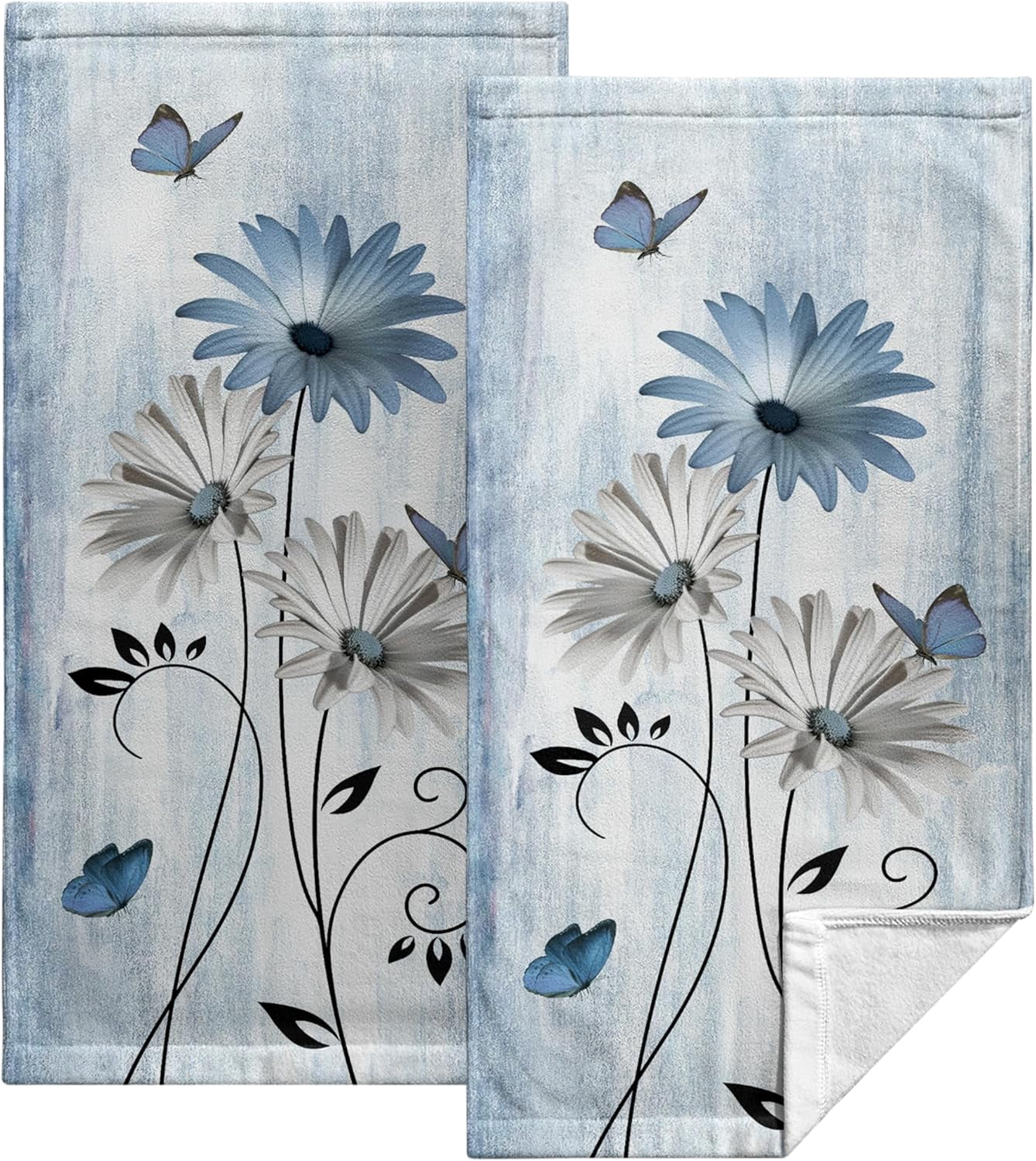 Blue Flower with Butterfly Hand Towels Set of 2 Navy Blue and White ...