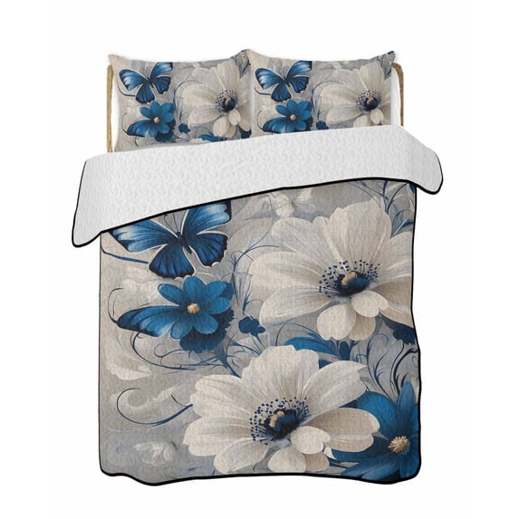 Blue Flower Butterfly Quilts Bedding Set King Size Country Farm White ...