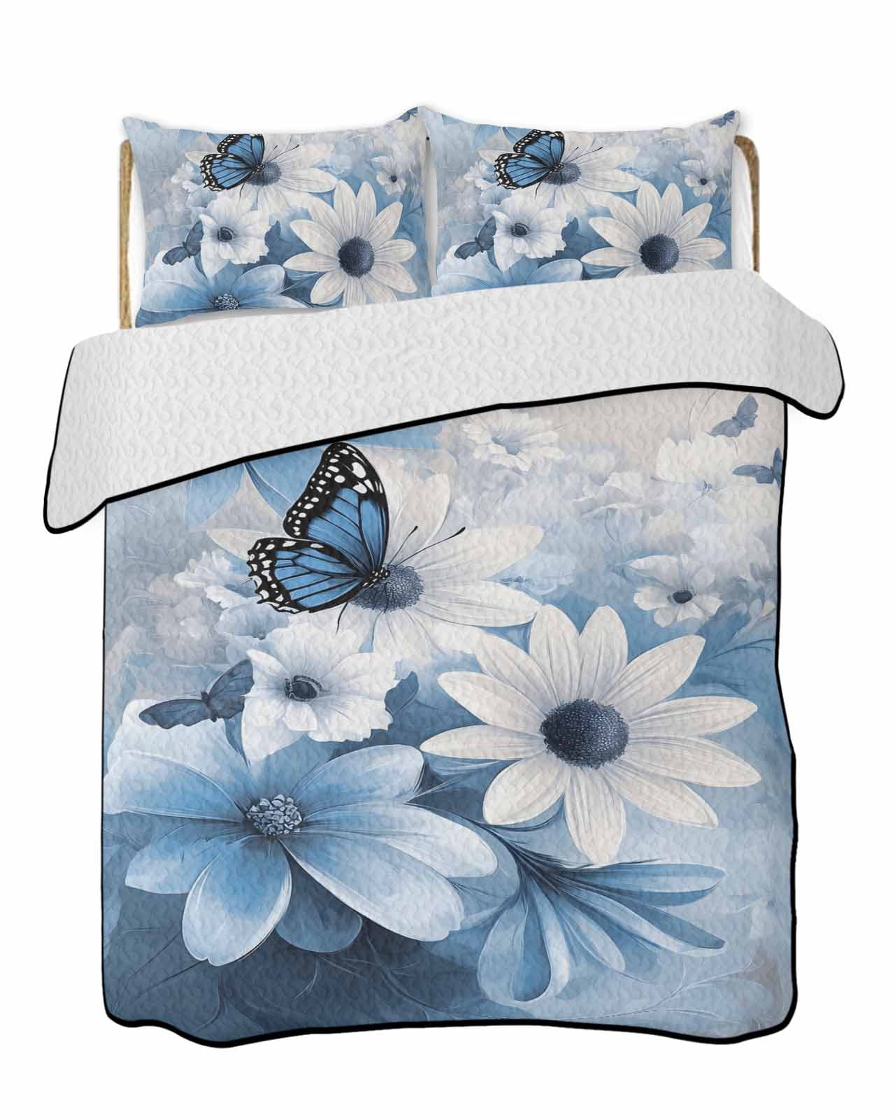 Blue Flower Butterfly Quilts Bedding Set Queen Size Country Farm White ...