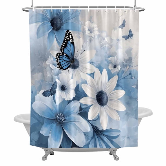 Blue Flower Butterfly Shower Curtain for Bathroom, Country Farm White ...