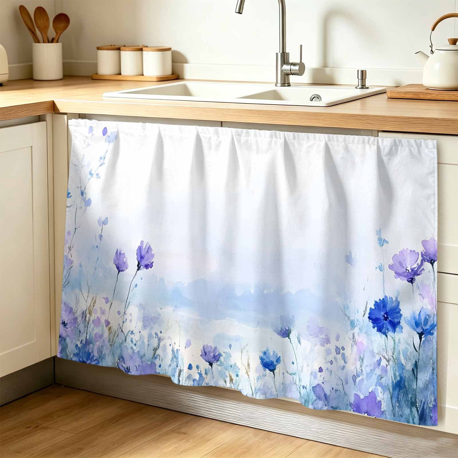 Blue Flower Cabinet Curtain 32"Wx55"L,Dustproof Pantry Door Curtain ...