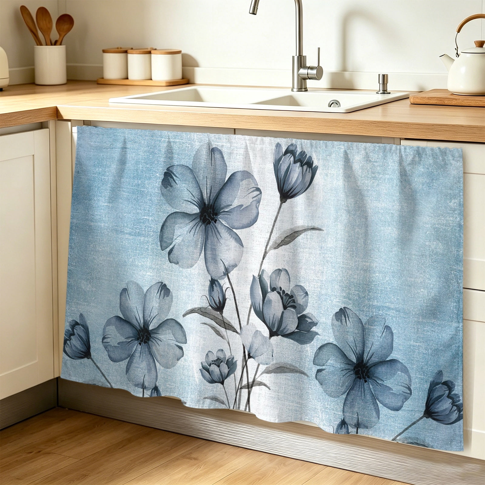 Blue Flower Cabinet Curtain 32"Wx55"L,Dustproof Pantry Door Curtain W ...
